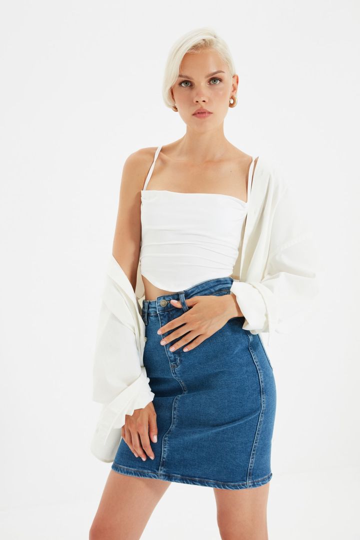 ლურჯი ფერის სადა მინი ჯინსის ქვედაბოლო Extra Ge 451721